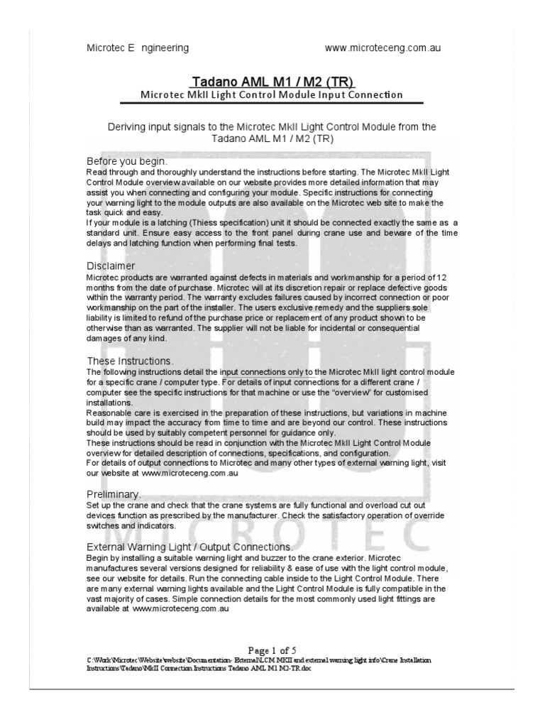 Tadano Aml m1 m2 TR Mkii Connection Instructions | PDF | Switch | Equipment