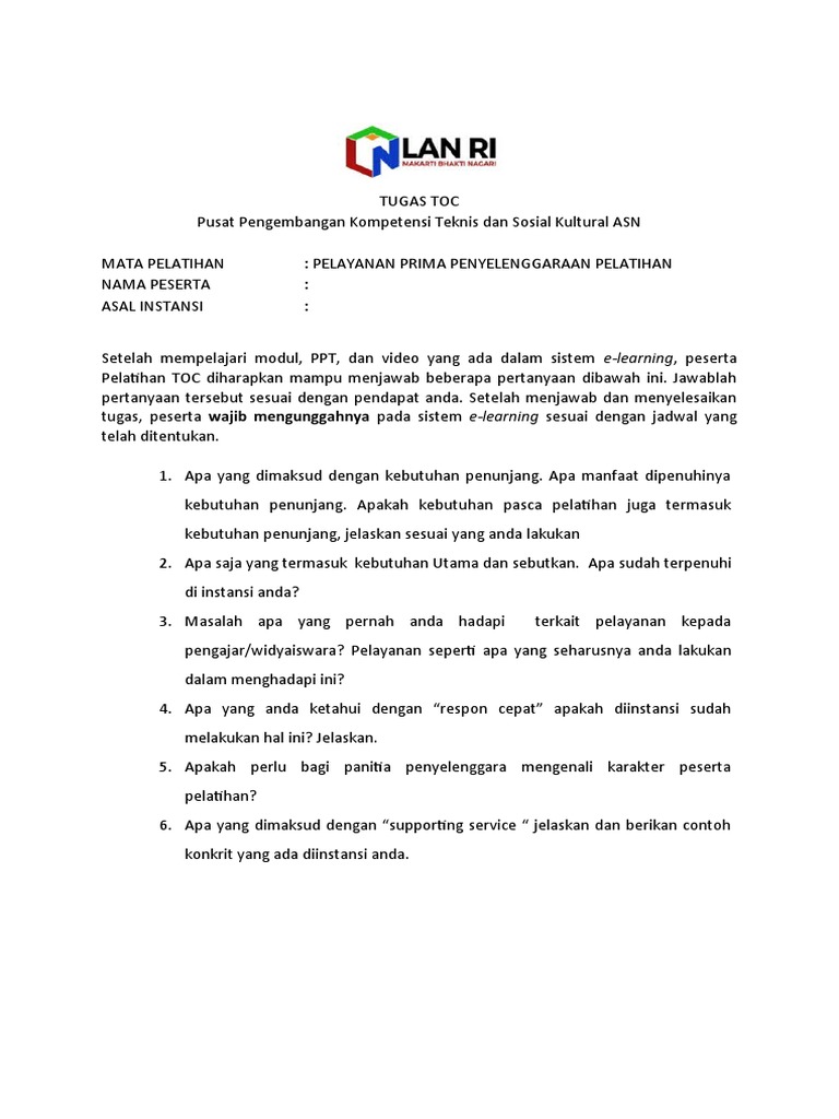 Tugas Pelayanan Prima - Update 03032020 - Soal Tugas | PDF