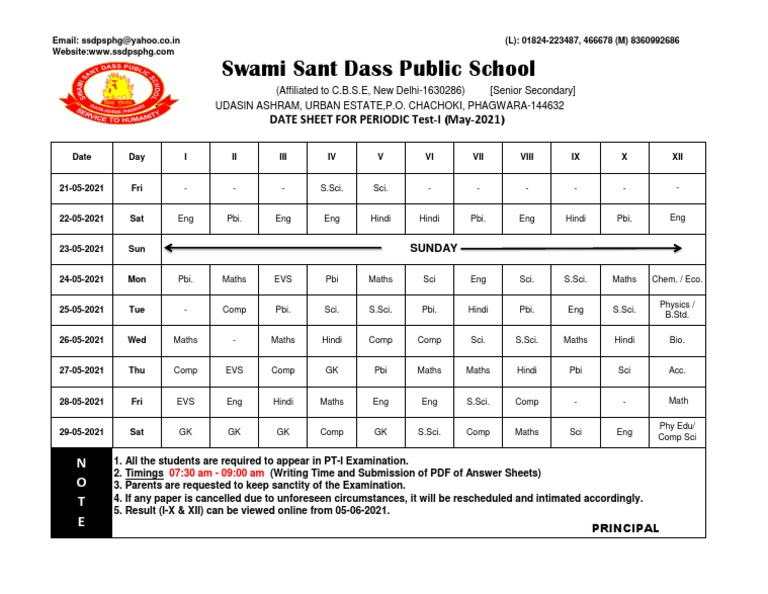 SSDPS Periodic Test-I Date Sheet | PDF | Teaching Mathematics