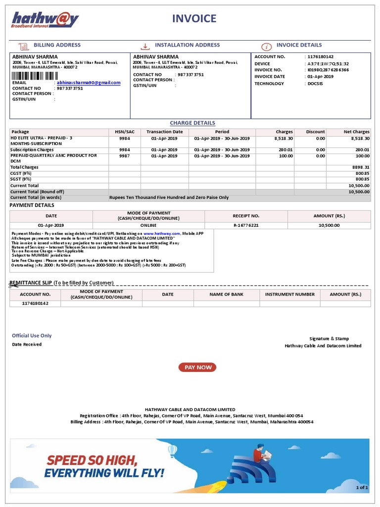 Invoice for Hathway Internet Services | PDF | Payments | Invoice