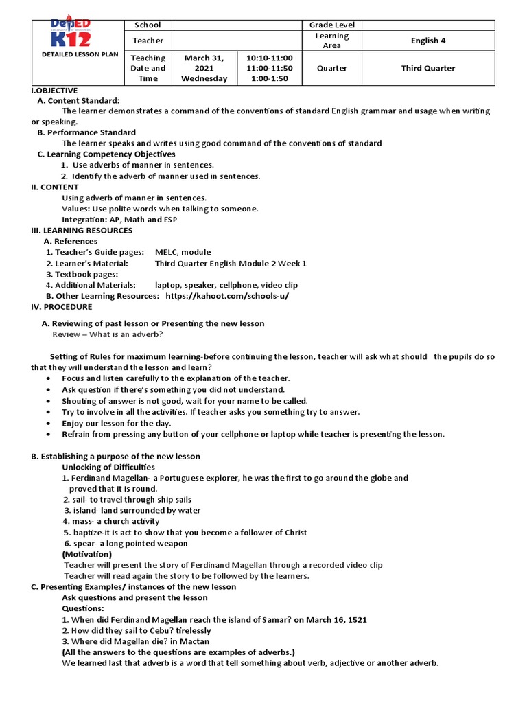 Detailed Lesson Plan: Review - What Is An Adverb? | PDF | Adverb ...