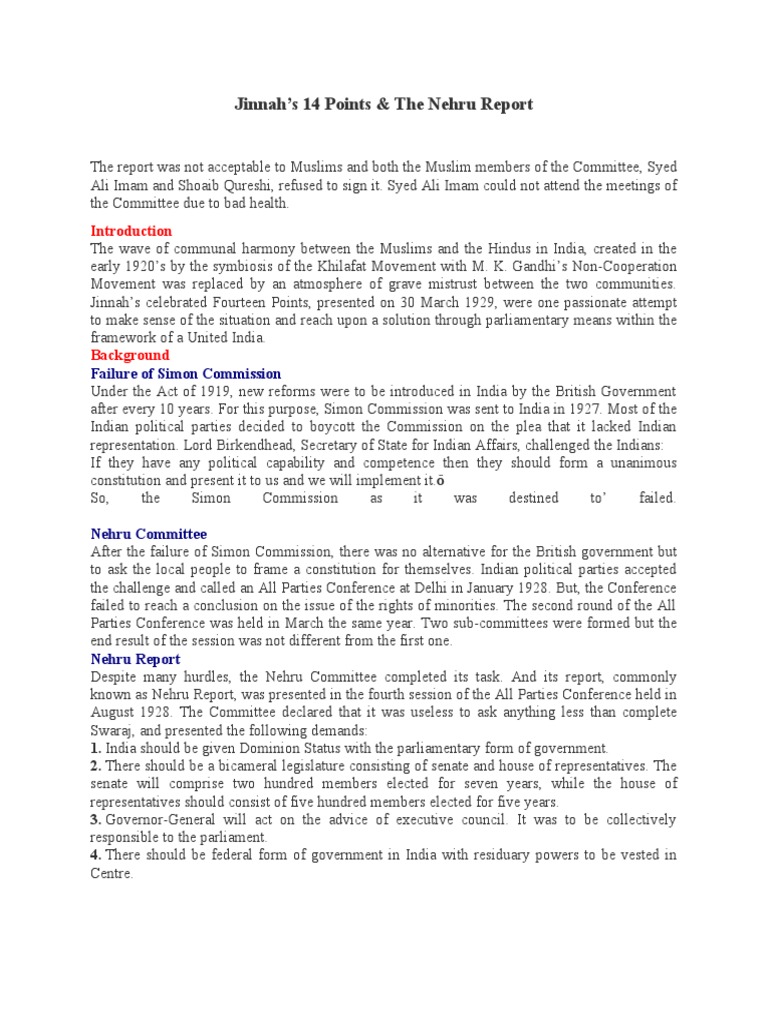 Jinnah's 14 Points & The Nehru Report | PDF | Muhammad Ali Jinnah ...