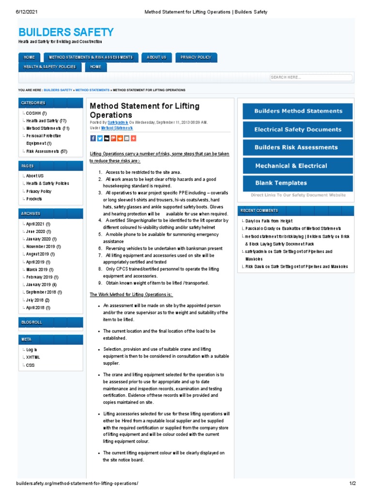 Method Statement For Lifting Operations - Builders Safety | Download Free PDF | Personal ...