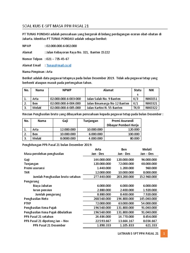 KUIS PENGISIAN ESPT MASA PPH PASAL 21 - PT T Pondasi | PDF