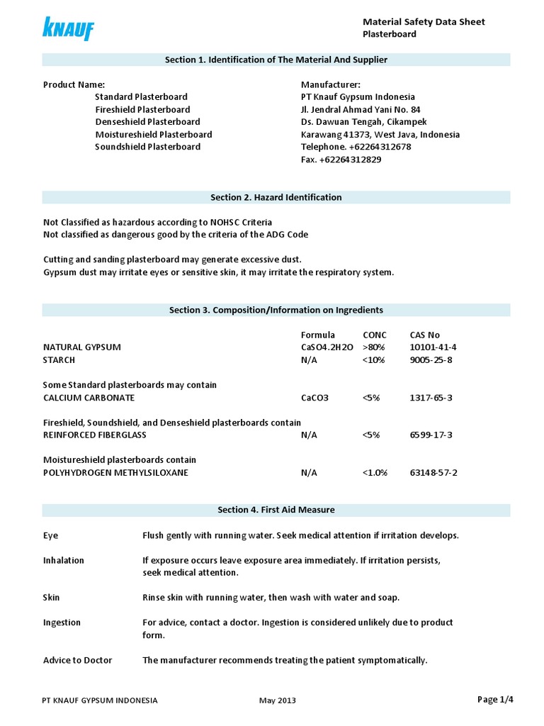 MSDS - KNAUF Plasterboards | PDF | Personal Protective Equipment | Drywall