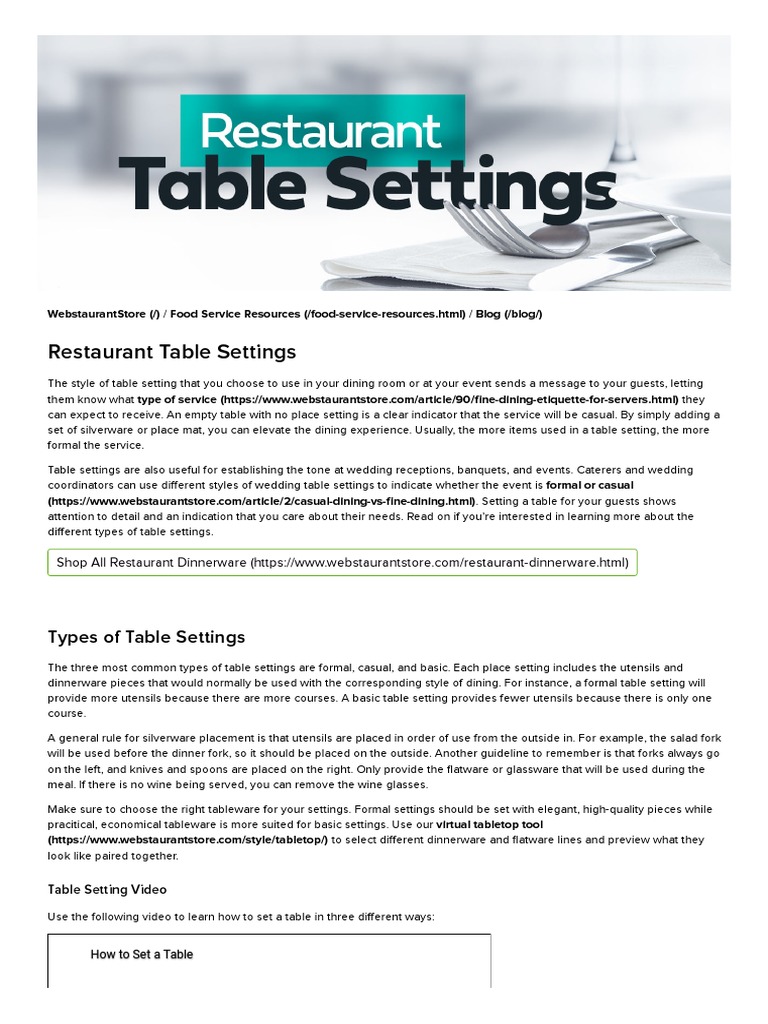 Table Settings for Events & Dining | PDF | Tableware | Food And Drink