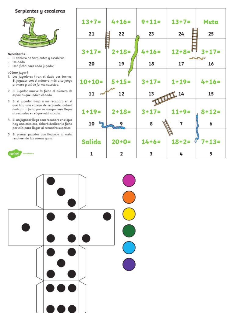 Serpientes y escaleras: juego de mesa con sumas para niños de menos de ...