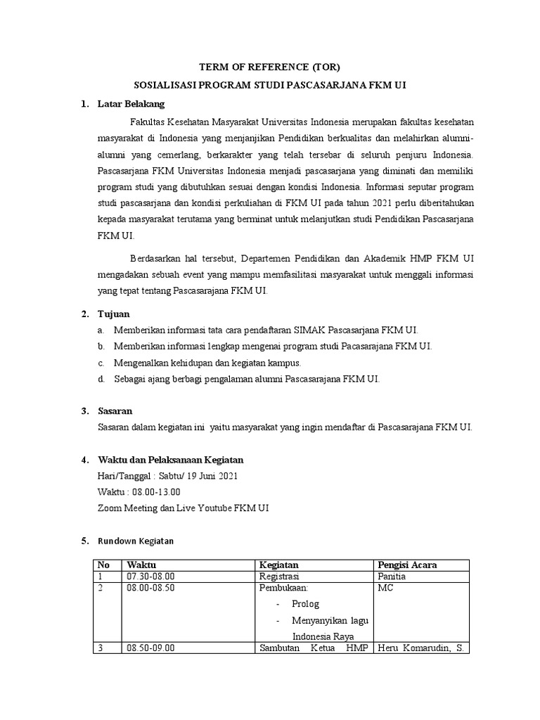 TOR - Kaprodi S2 & S3 - Sosialisasi Prodi Pascasarjana FKM UI | PDF