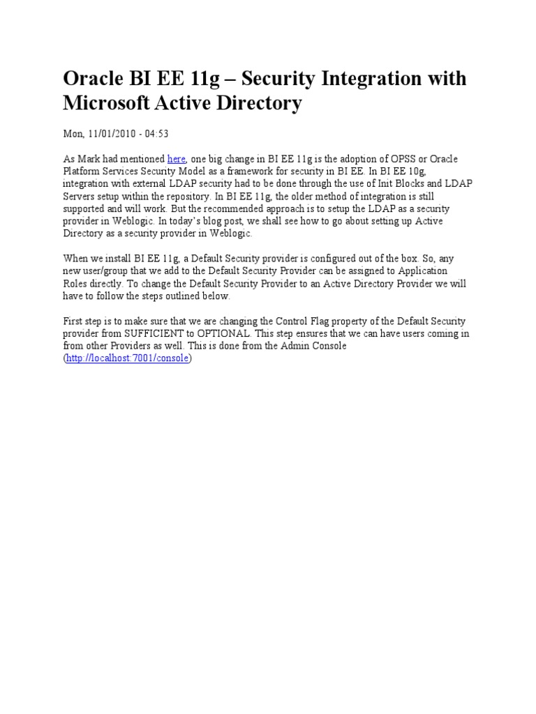 Oracle Bi Ee 11g Security Integration With Microsoft Active Directory Pdf Active Directory