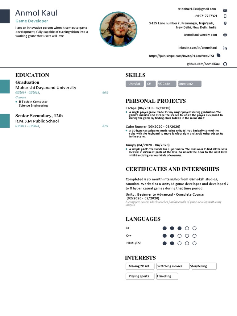 Anmol Kaul Unity Developer 2021 | PDF | Unity (Game Engine) | Computing Anmol Kaul Unity Developer 2021 | PDF | Unity (Game Engine) | Computing