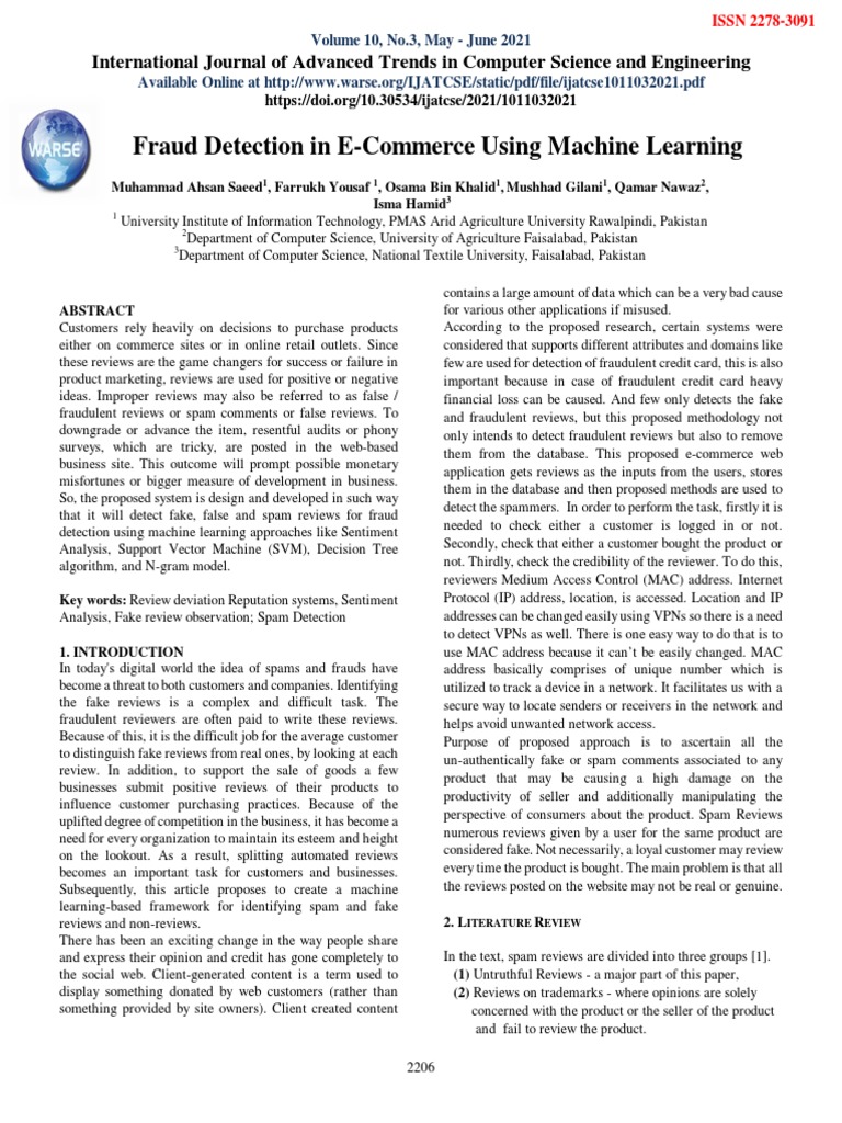 Fraud Detection in E-Commerce Using Machine Learning | PDF | Email Spam ...