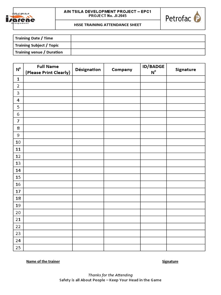 Hsse Training Attendance Sheet | PDF