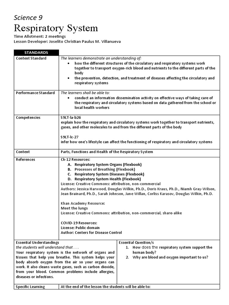 Science 9 Sample Lesson Plan | PDF | Respiratory Tract | Lung