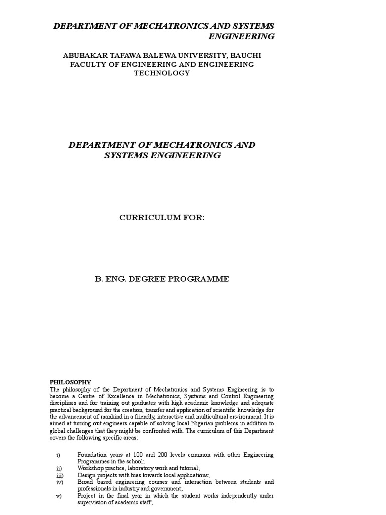 Course Structure and Content For Mechatronics, Systems and C | PDF ...