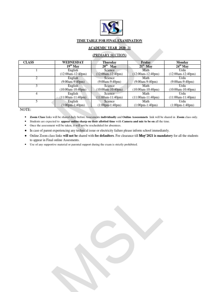TIME TABLE FOR FINAL EXAMINATION Online (PRIMARY Section) | PDF | Schools