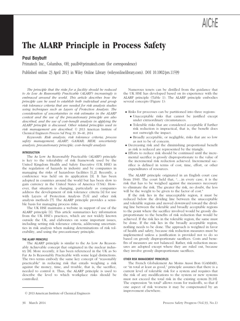 The ALARP Principle in Process Safety: Paul Baybutt | PDF | Cost ...