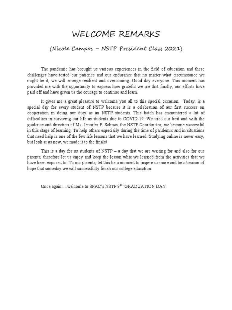 Welcome Remarks NSTP Graduation 2021 | PDF