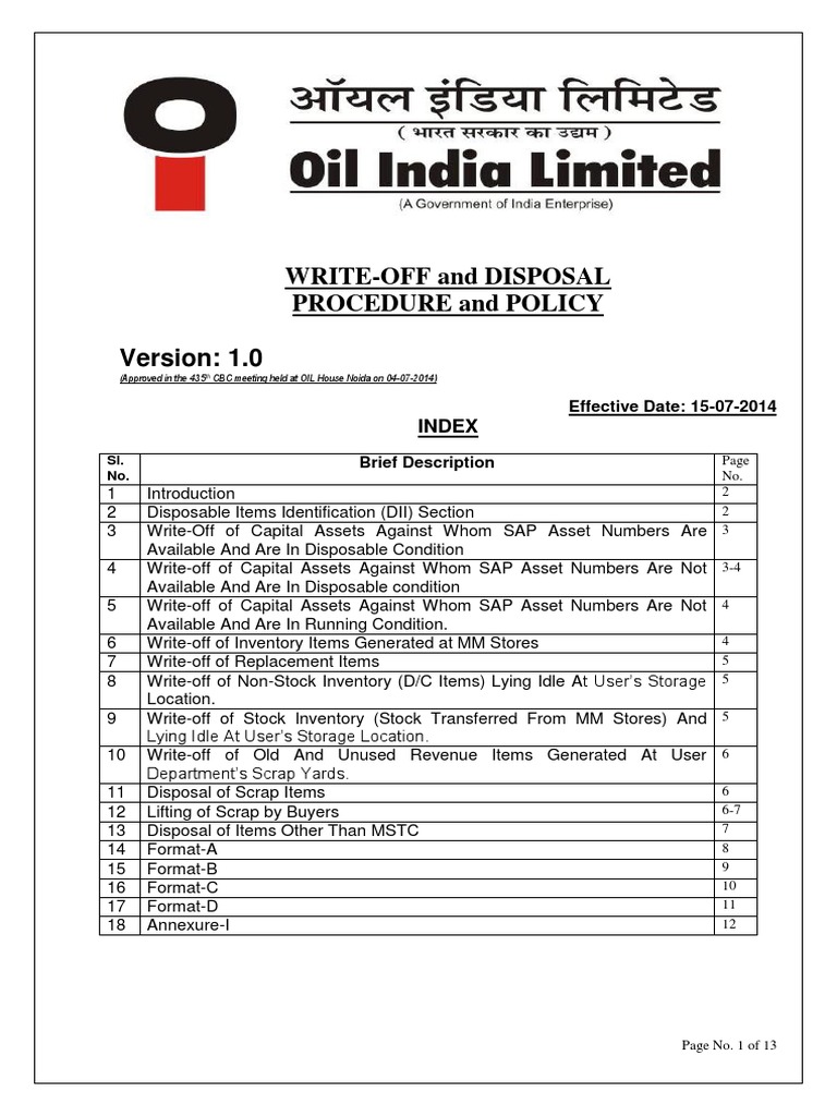 Write-Off and Disposal Procedure and Policy: Index | PDF | Write Off ...