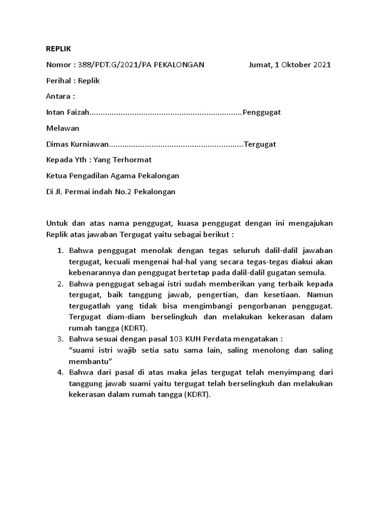 Replik Cerai | PDF | Ilmu Sosial | Hukum