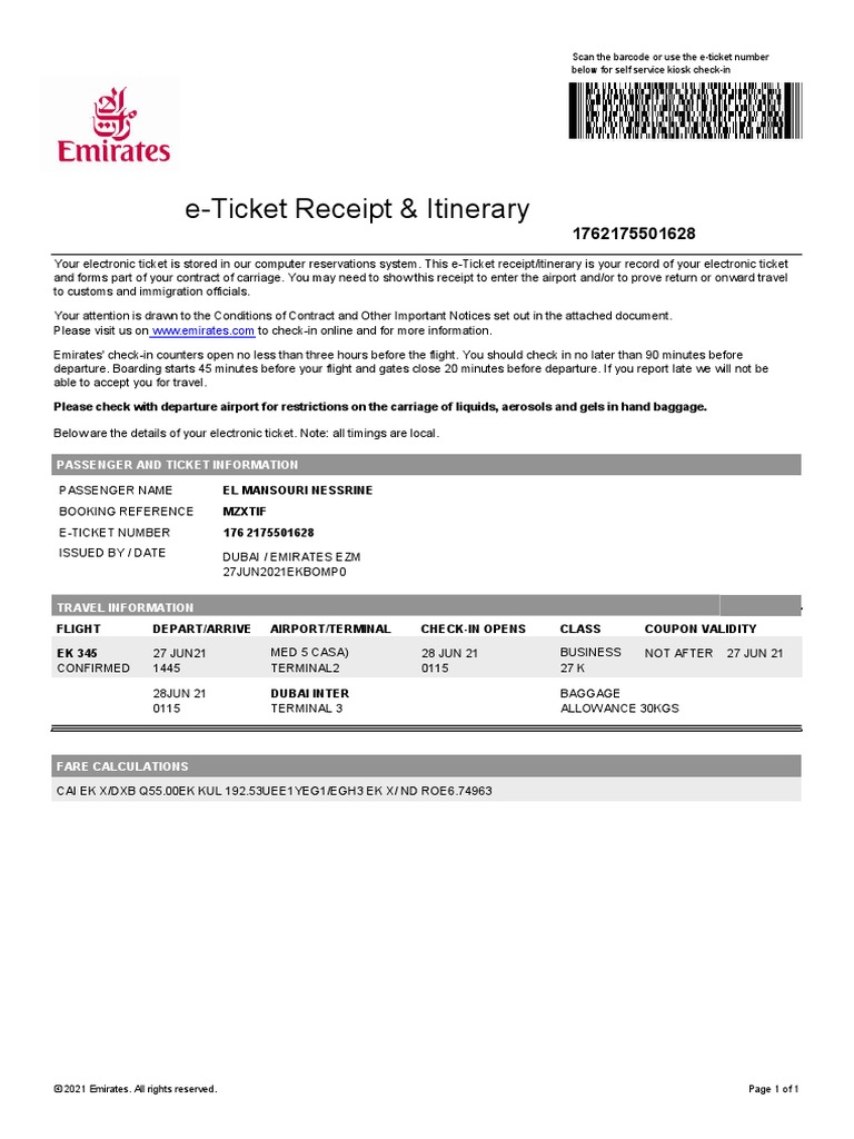 Emirates e Tickets Example | PDF | Aviation | Transport