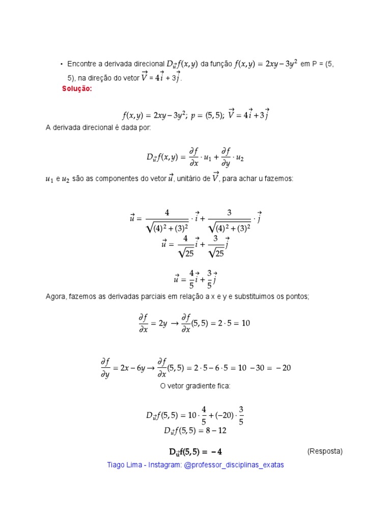 Derivada Direcional Exercício Resolvido Pdf