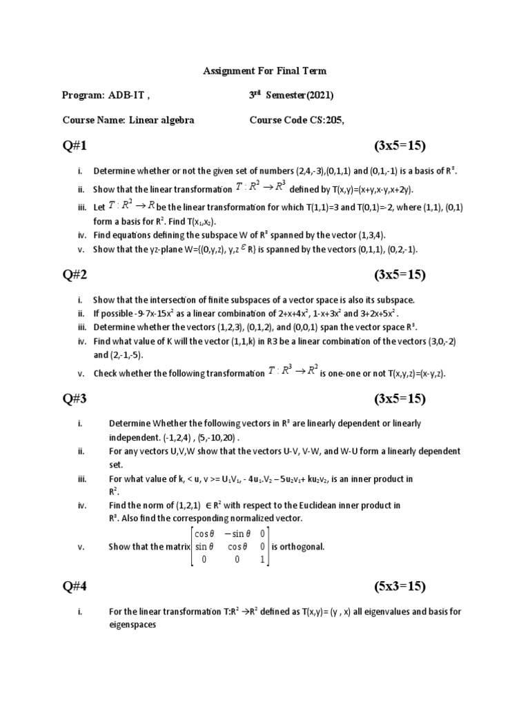 Linear Algebra Assignment on Basis, Linear Transformations, Eigenvalues ...