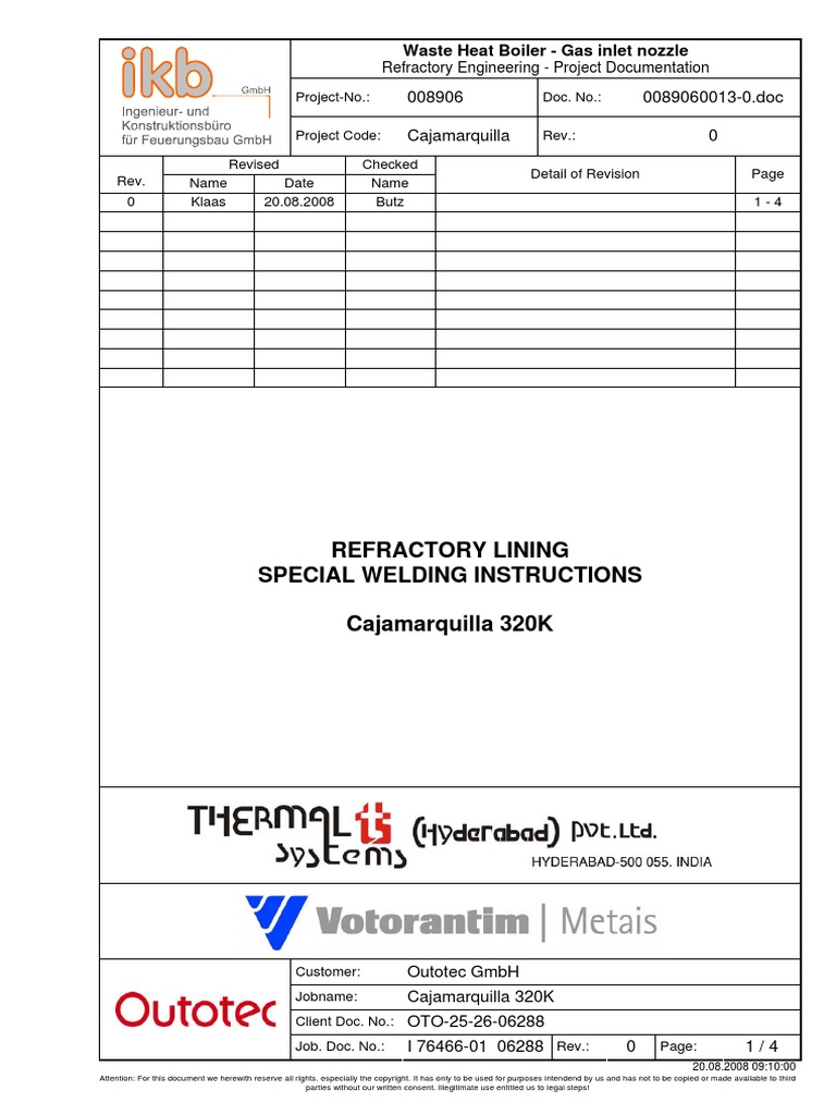 Refractory Lining Special Welding Instructions Cajamarquilla 320K | PDF ...