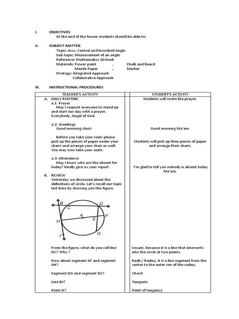 Lesson Plan - Arcs Central and Inscribed Angle-1433753898 | PDF ...