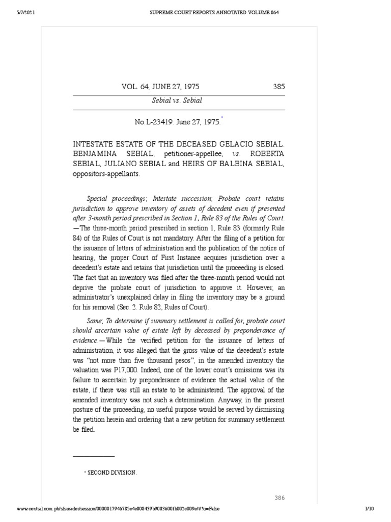 Intestate Estate Case: Sebial v. Sebial | PDF | Probate | Intestacy