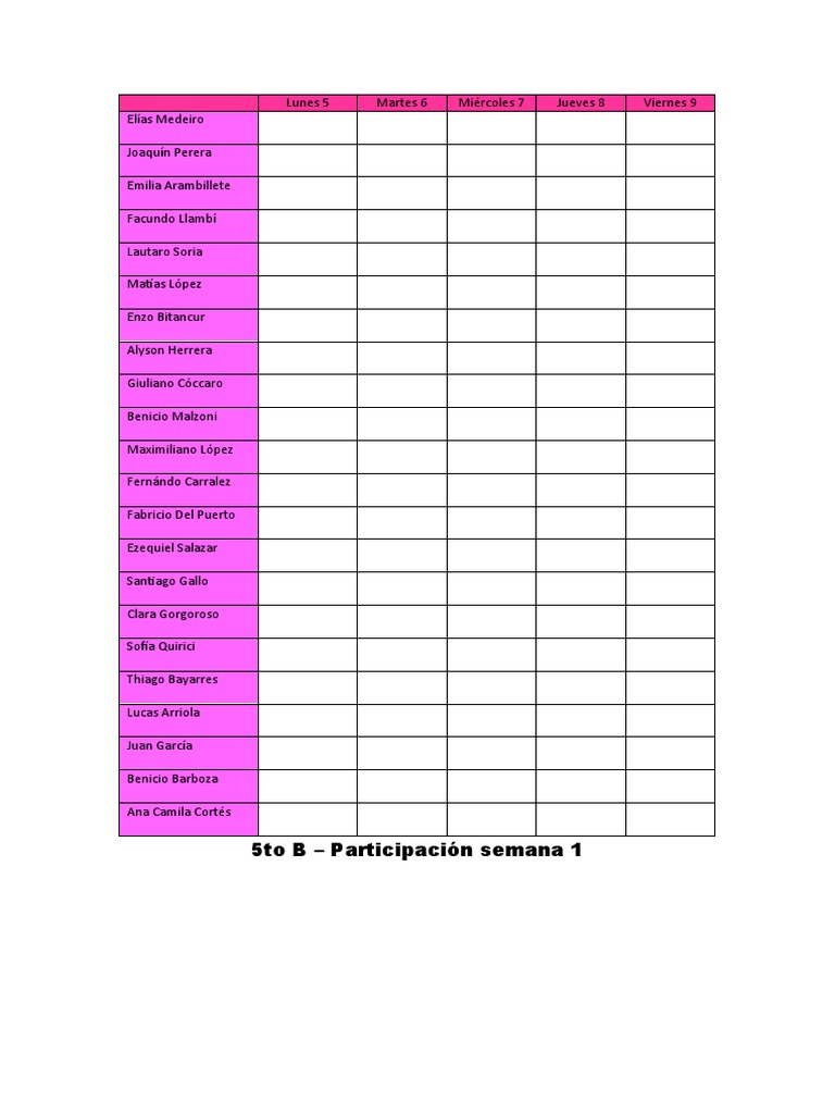 Tabla De Actividades Por Semana Pdf