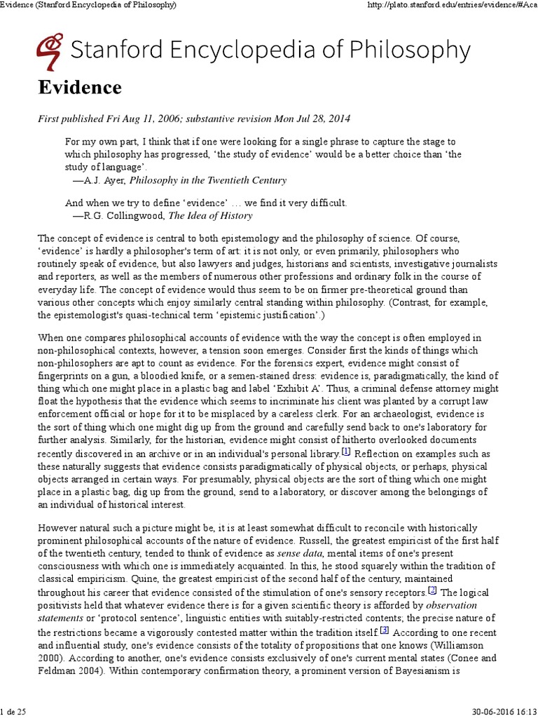 Evidence (Stanford Encyclopedia of Philosophy) | PDF | Epistemology ...
