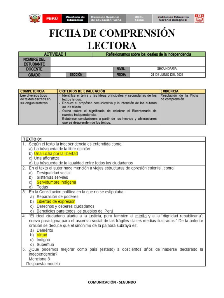Ficha de Comprensión - Act 01 - Exp 04 - 2do CR | PDF | Gobierno | Science
