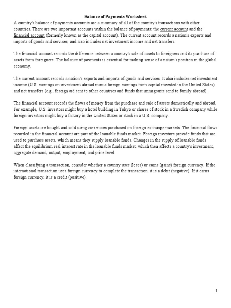 Balance of Payments Worksheet | PDF | Capital Account | Balance Of Payments