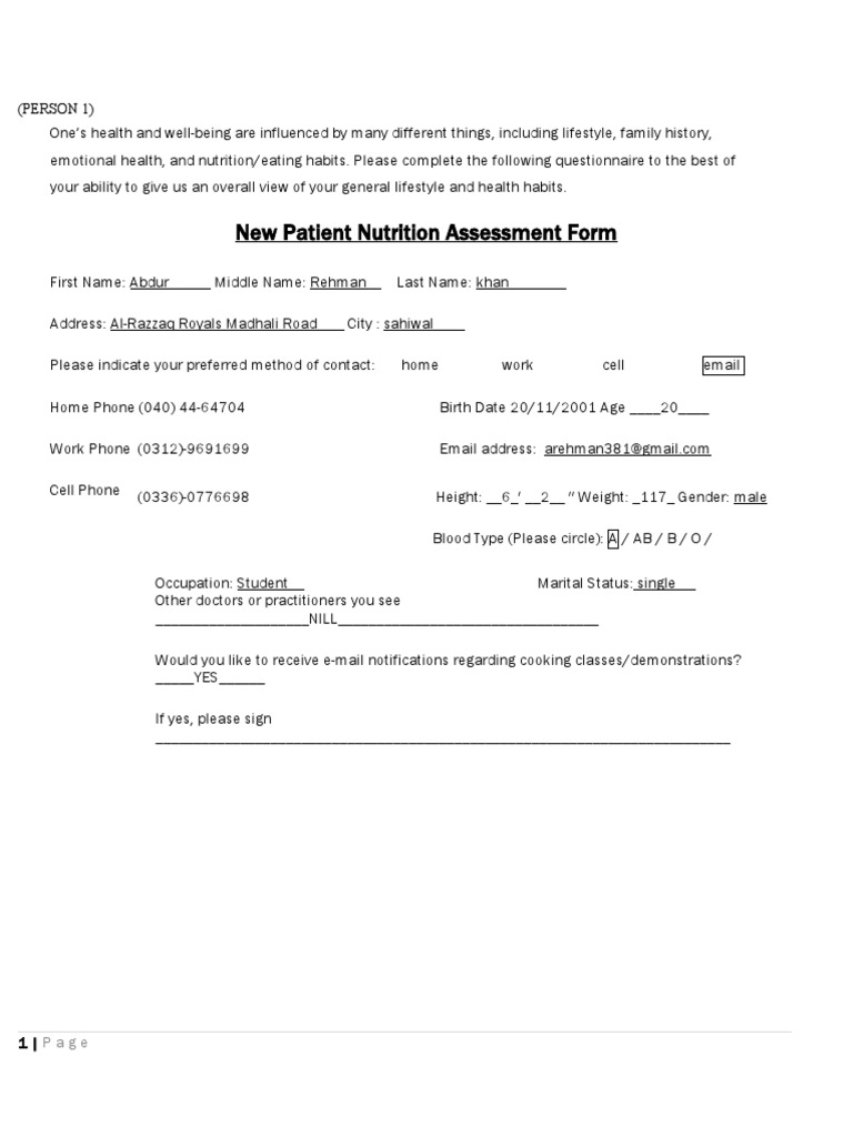 New Patient Nutrition Assessment Form: (Person 1) | PDF | Meal | Foods
