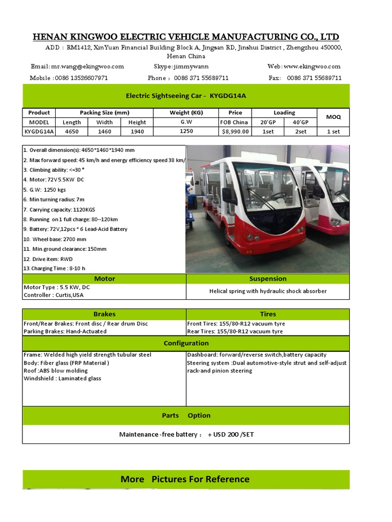 14 Seats Electric Sightseeing Car Quotation | PDF | Tire | Brake