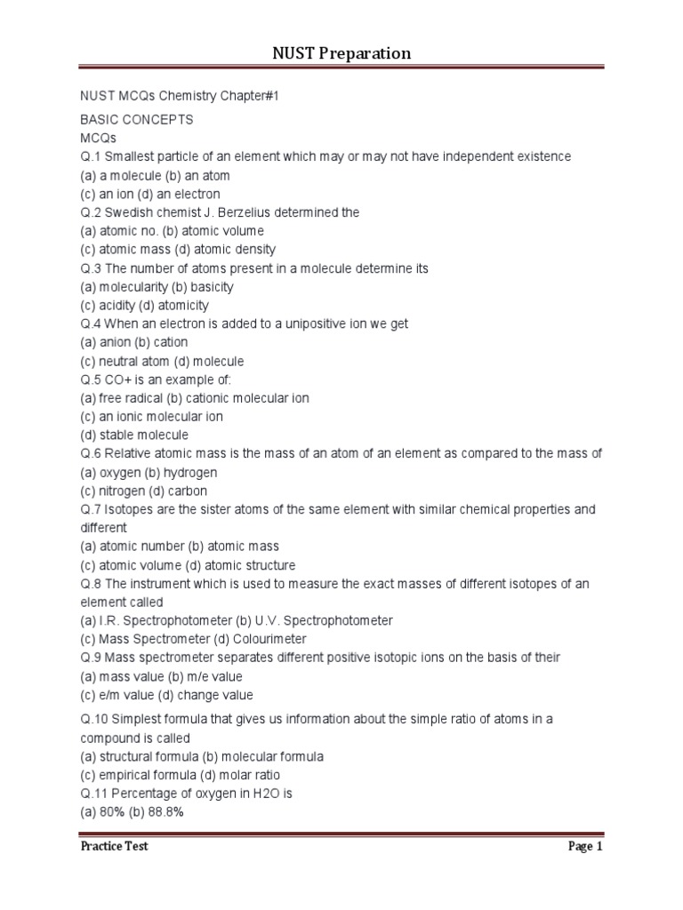 NUST-Chemistry Chapter1 Test+key | PDF | Ion | Molecules