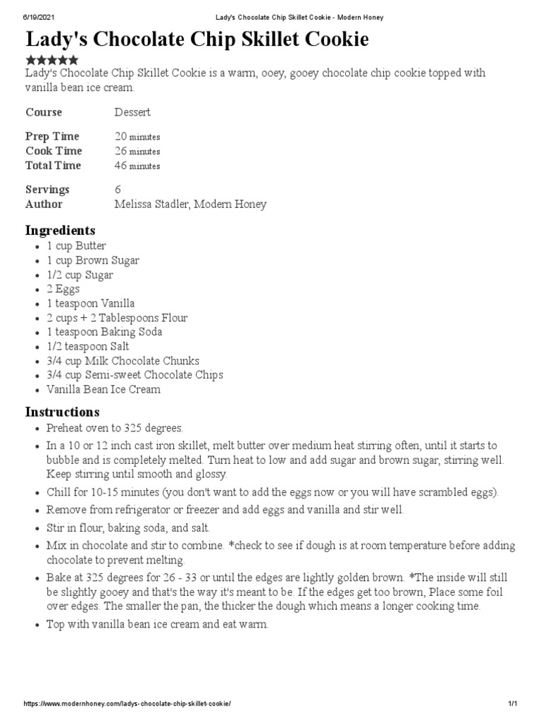 Lady's Chocolate Chip Skillet Cookie - Modern Honey | PDF