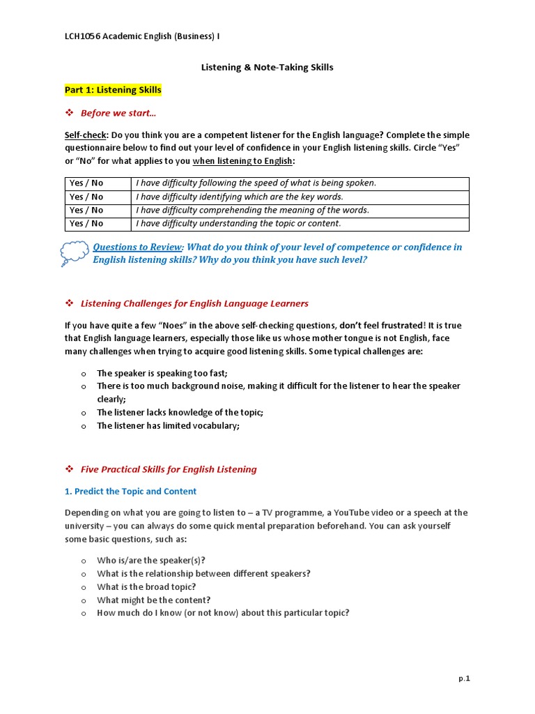 Mastering Listening and Note-Taking Skills for Academic Success | PDF ...