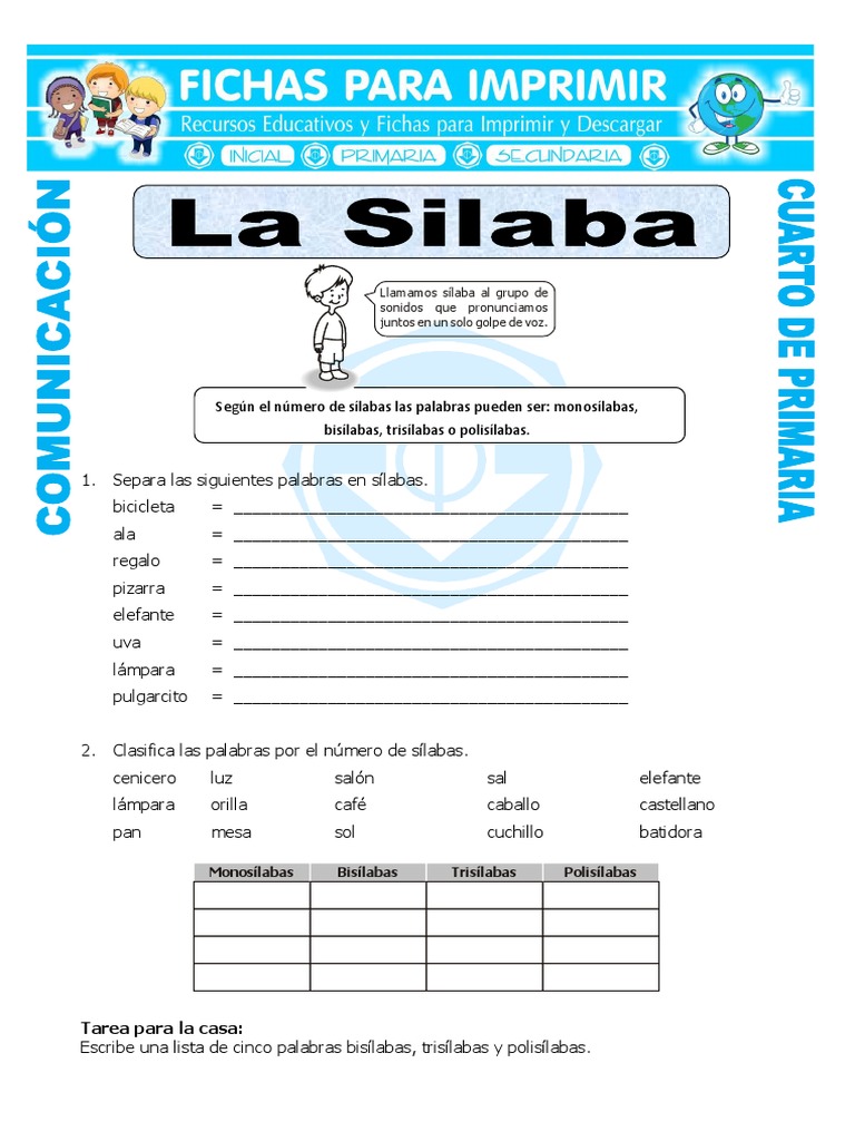 Ficha Clasificacion de Las Silabas para Cuarto de Primaria | PDF ...