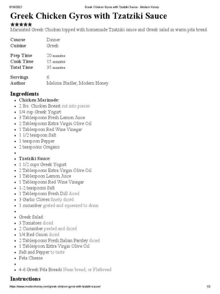 Greek Chicken Gyros With Tzatziki Sauce - Modern Honey | PDF | African Cuisine | Food Ingredients