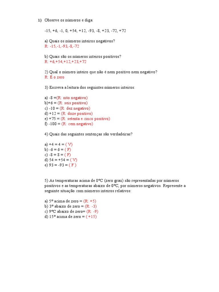 Exercícios Números Inteiros | PDF | Ensino de Matemática | Science