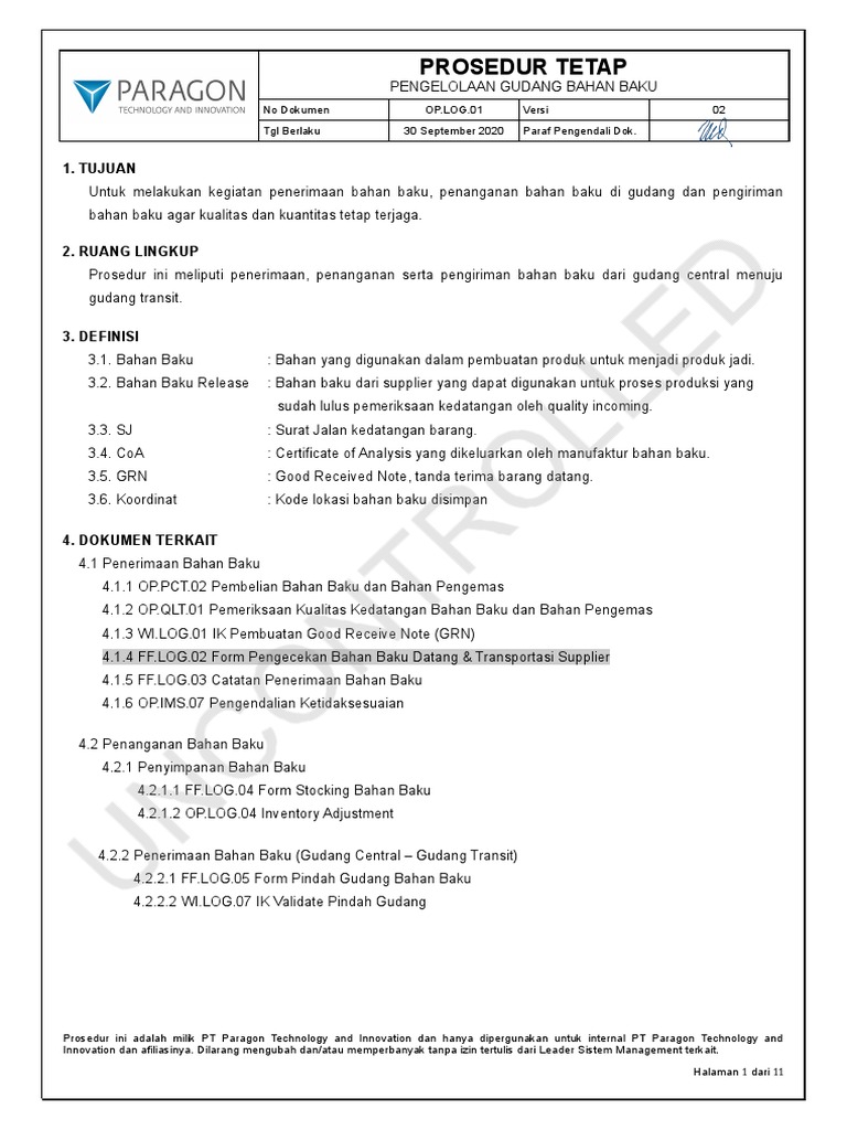 OP - Log.01 Protap Pengelolaan Gudang Bahan Baku Versi 02 | PDF