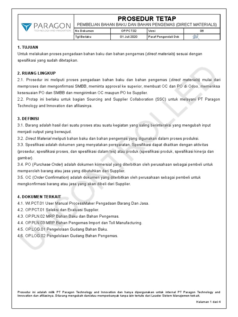 Prosedur Pengadaan Bahan Baku Paragon | PDF