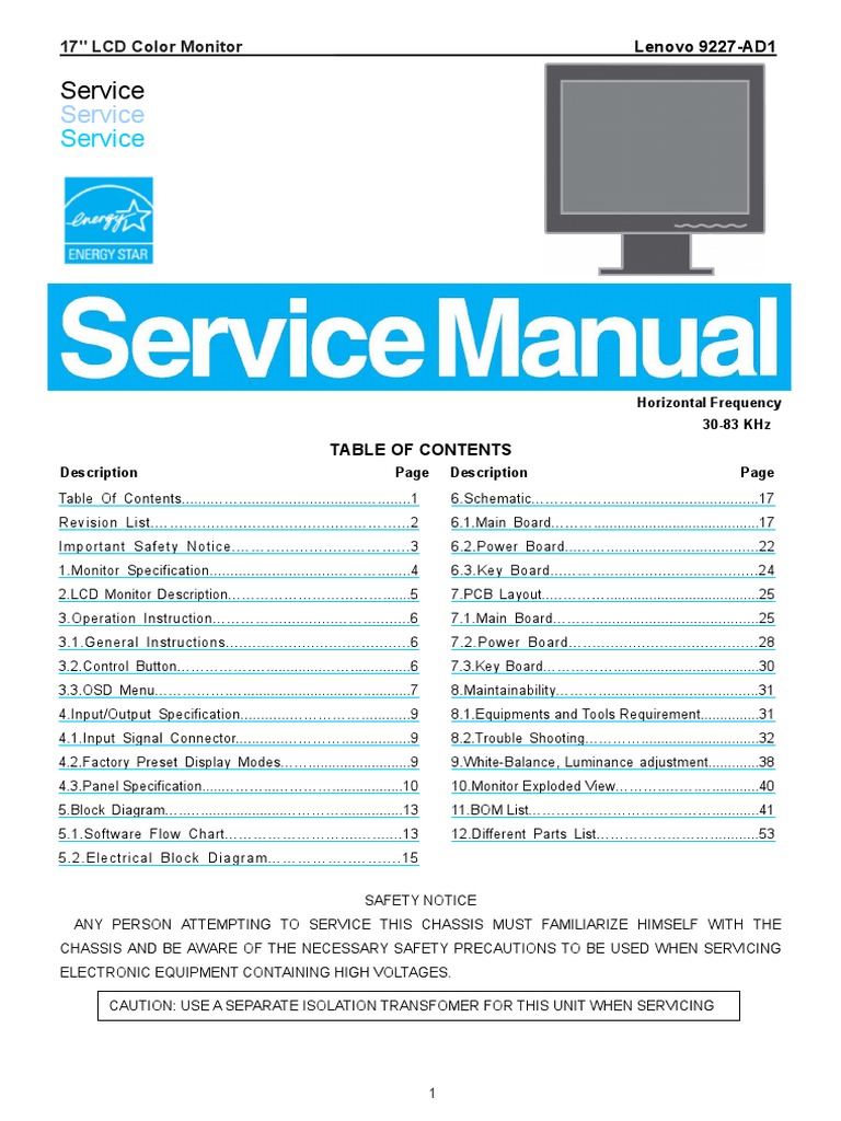 Lenovo l171 9227-Ad1 Monitor SM | PDF | Thin Film Transistor Liquid ...