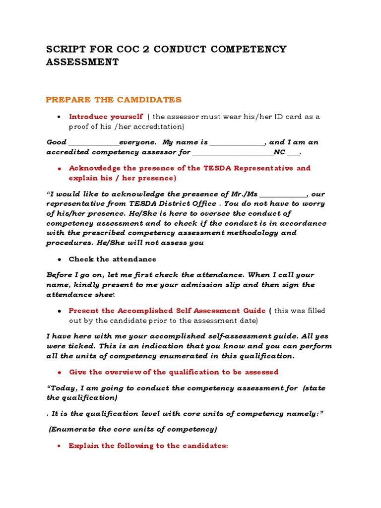 Script For Coc 2 Conduct Competency Assessment: Prepare The Camdidates ...