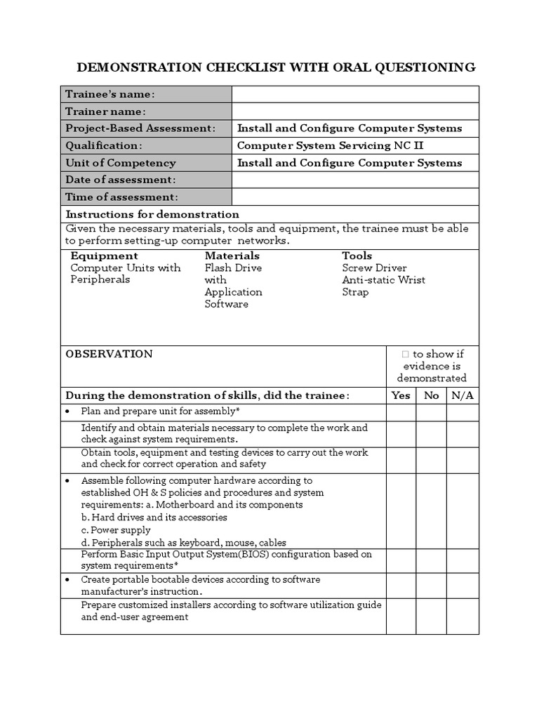 DEMONSTRATION CHECKLIST WITH ORAL QUESTIONING Autosaved | PDF ...