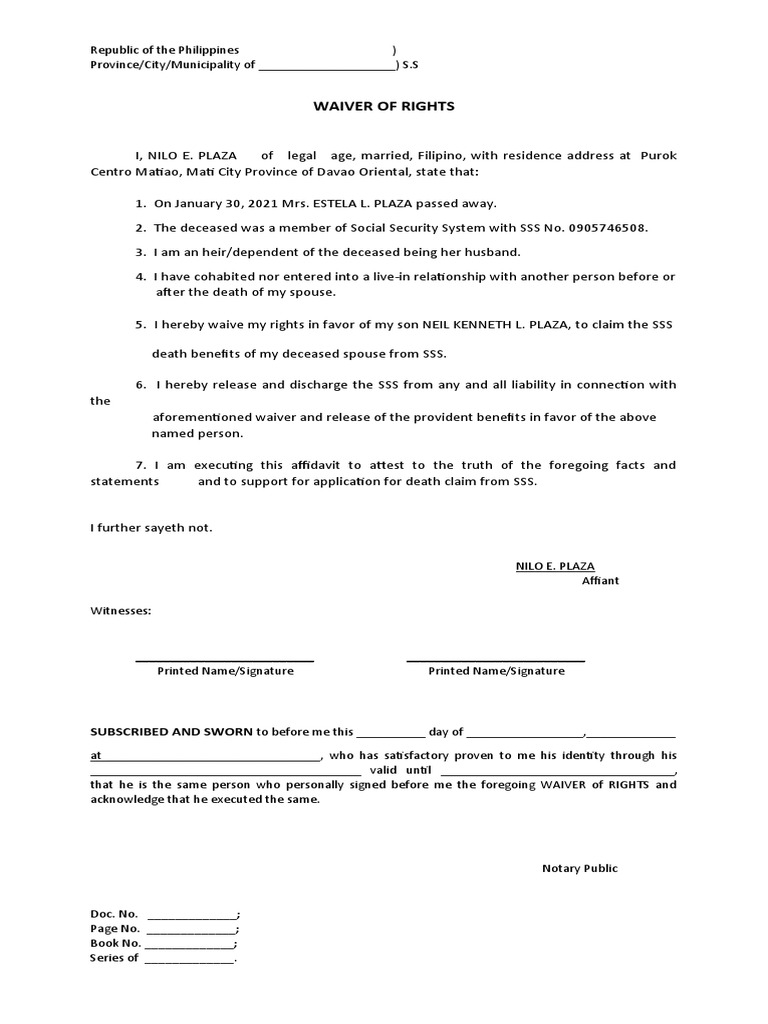 Waiver of Rights: Subscribed and Sworn | PDF | Affidavit | Civil Law ...