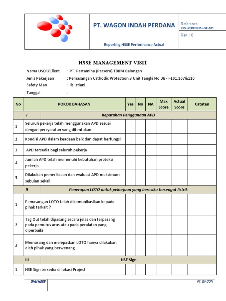 Check List Management Visit HSE | PDF