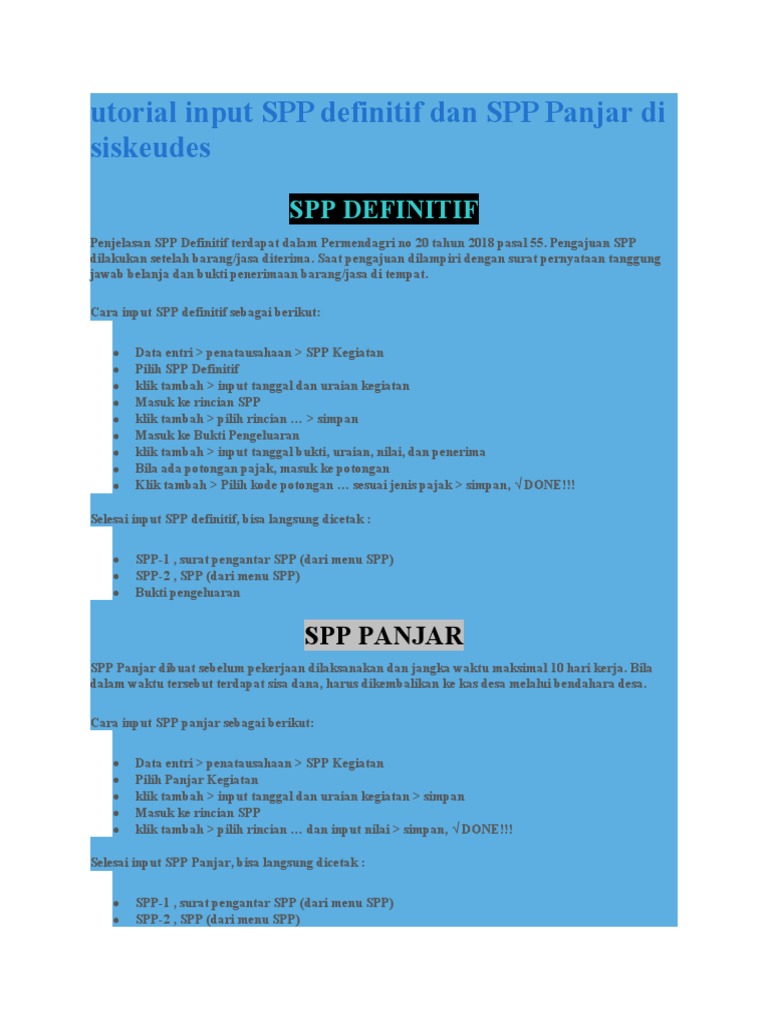 Tutorial Input SPP Definitif Dan SPP Panjar Di Siskeudes | PDF
