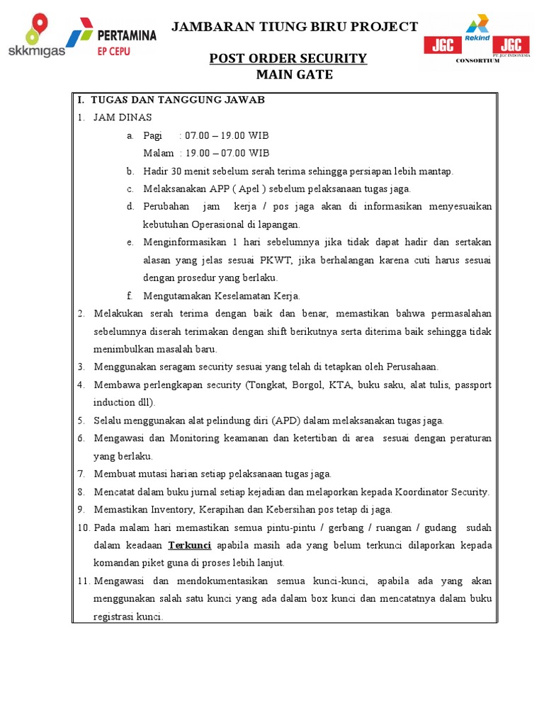 Revisi Post Order Access Control Security Main Gate JTB | PDF